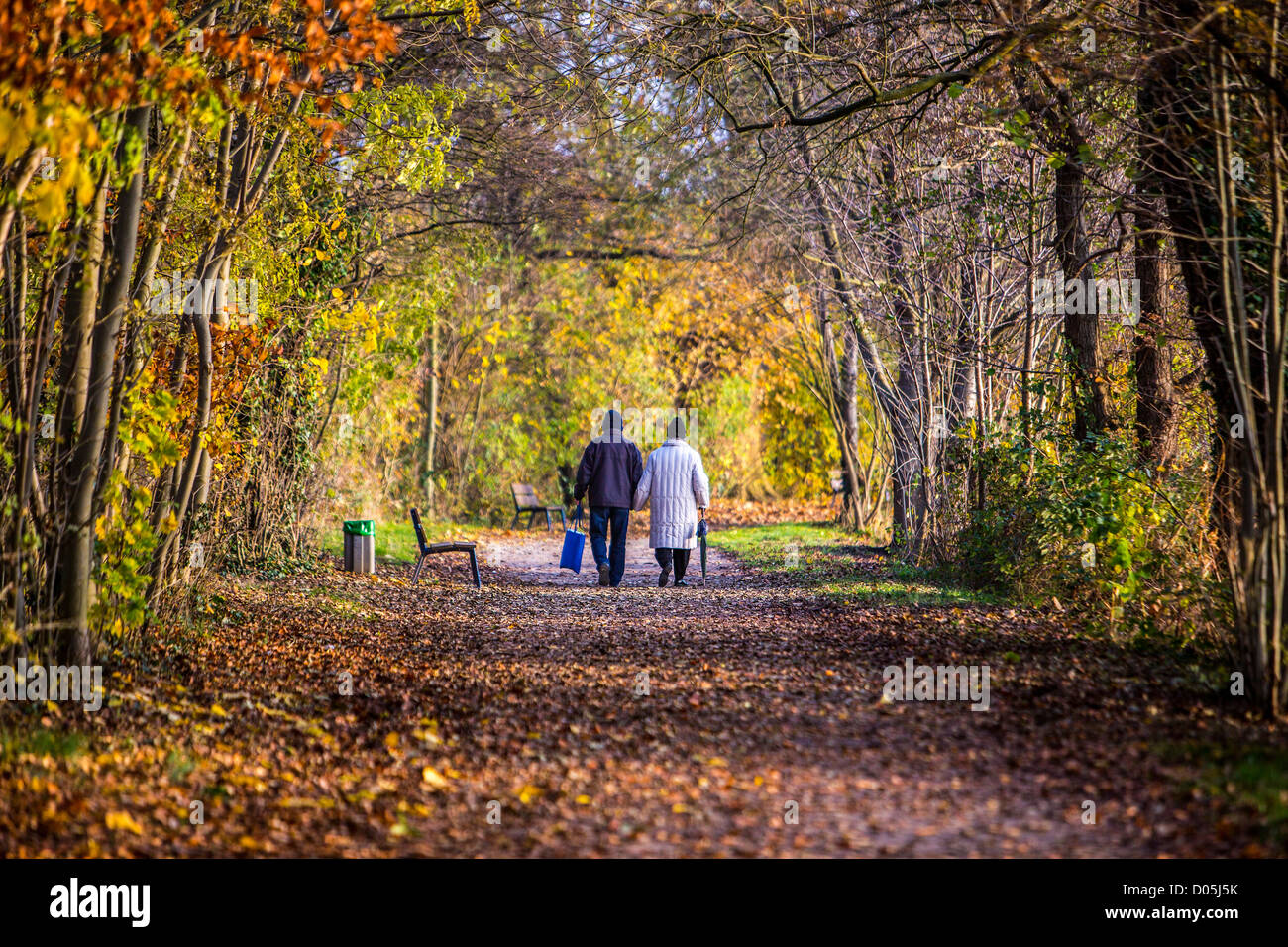 Two older people, seniors, retired, take a walk in fall, along a ...