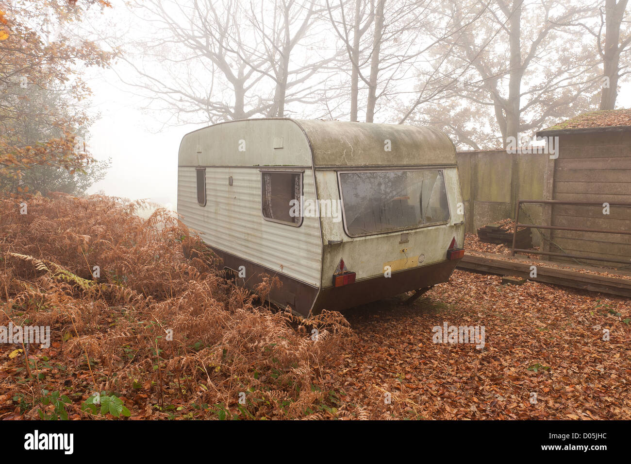 Abandoned derelict old caravan covered in moss algae in woodland mist ...