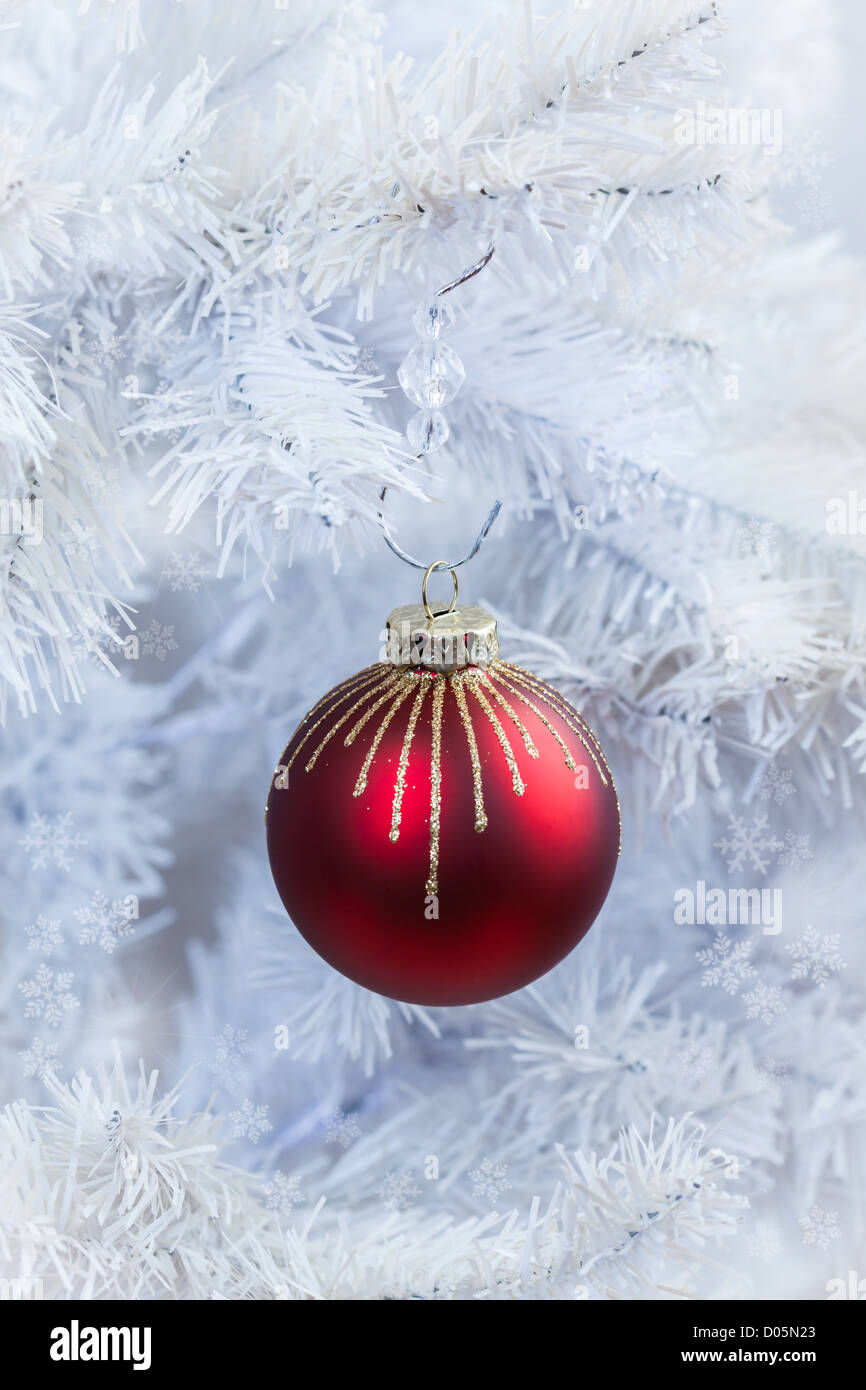 Red Christmas ball hanging on white tree Stock Photo - Alamy