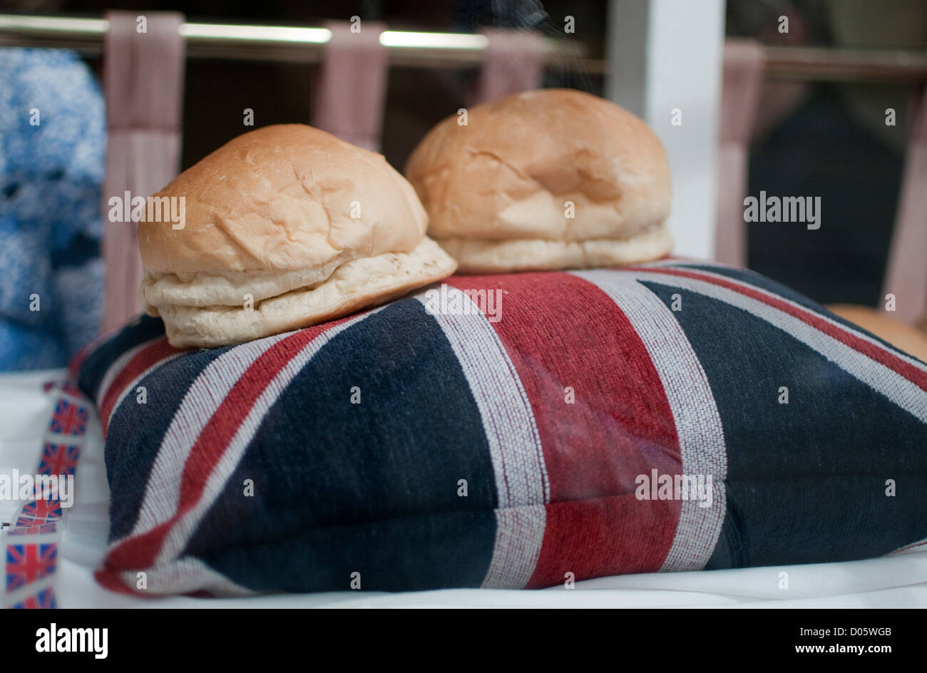 Two buns on a Union Flag at Sally Lunn's House, Bath, UK Stock Photo ...