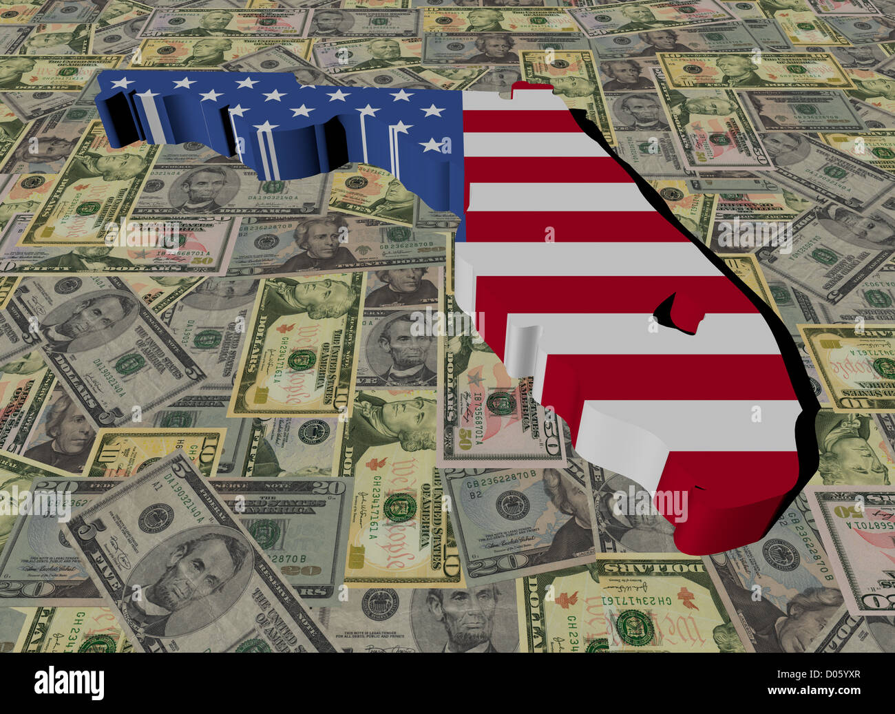 Florida Map flag on American dollars illustration Stock Photo - Alamy