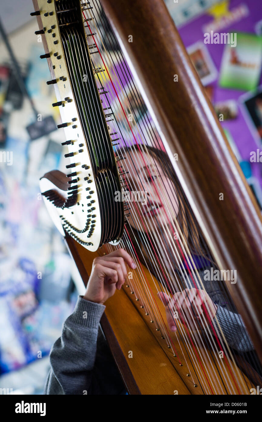 A girl playing the harp in a music class at a secondary comprehensive ...