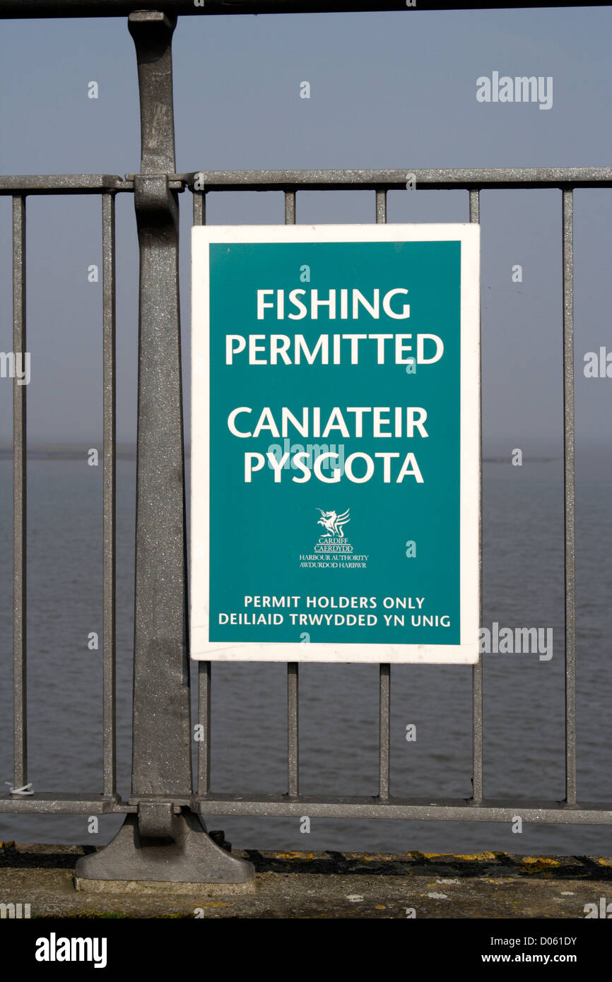 Fishing permitted sign on the Cardiff Bay Barrage Stock Photo - Alamy