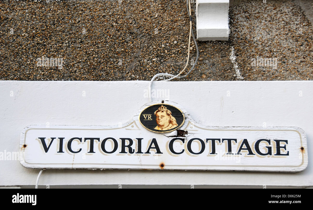 Queen Victoria Cottage house sign, St Ives, Cornwall, England, UK Stock ...