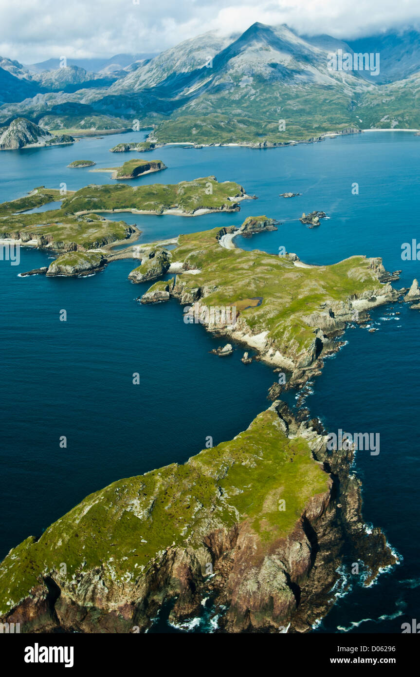 Aerial view of mountains beaches and Pacific sea coast on the Alaska ...