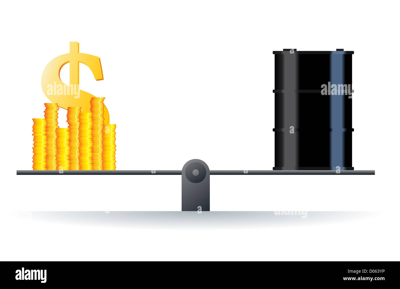 Vector illustration of a black oil barrel on a scale with heaps of gold ...