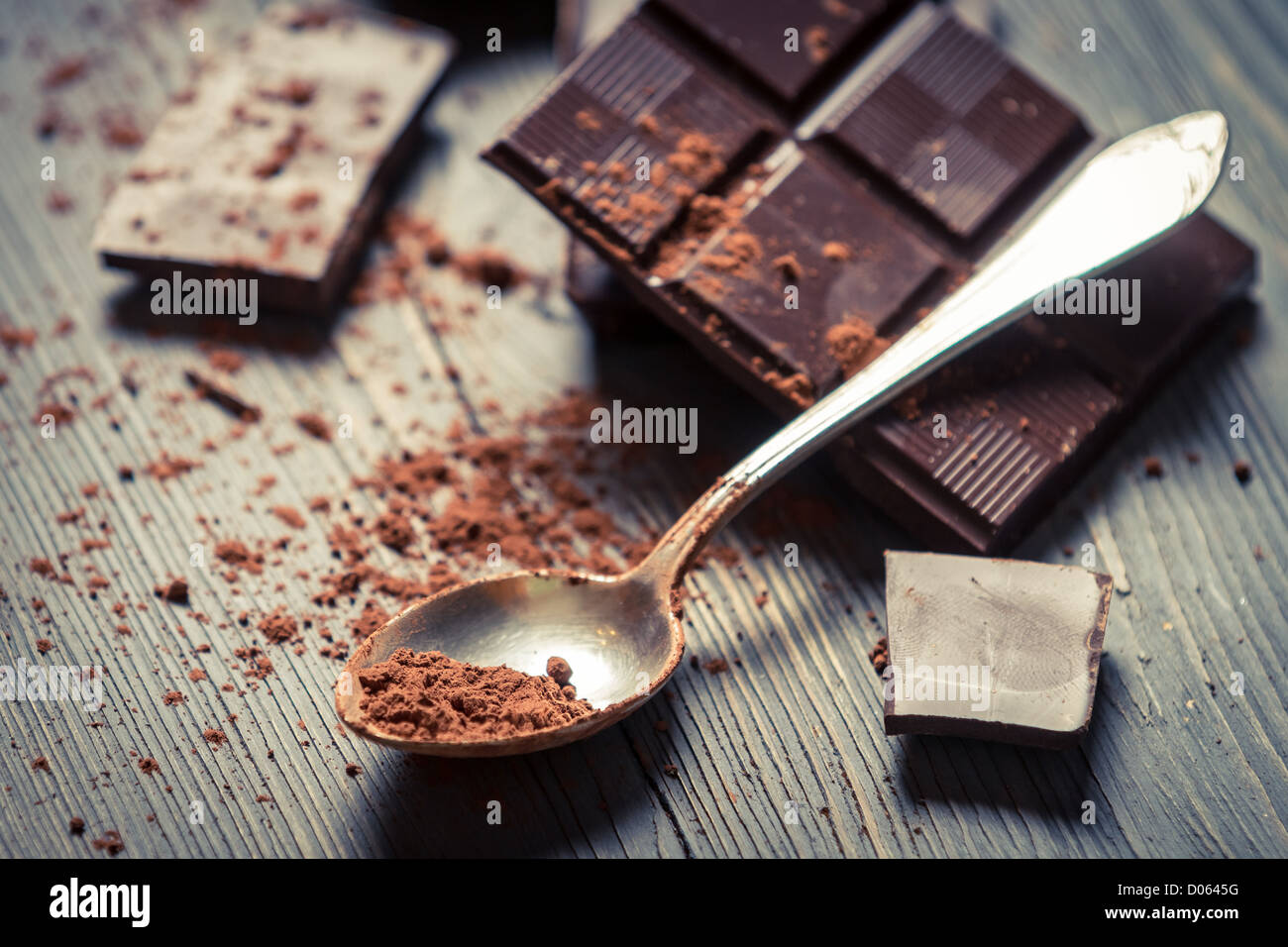 Cocoa Powder on spoon and Dark Chocolate background Stock Photo - Alamy