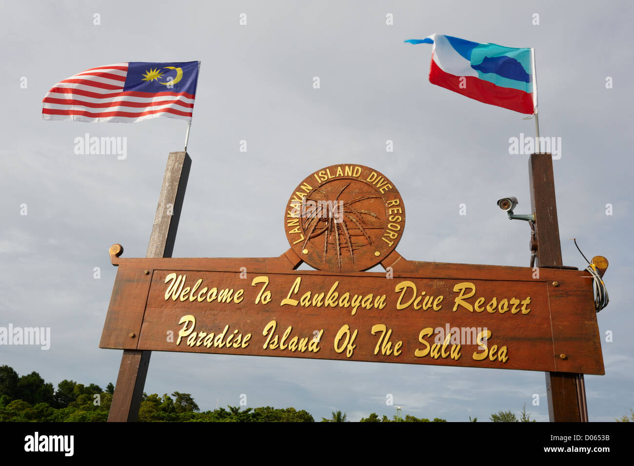 Welcome sign to the luxury resort, Lankayan Island, Borneo Stock Photo ...
