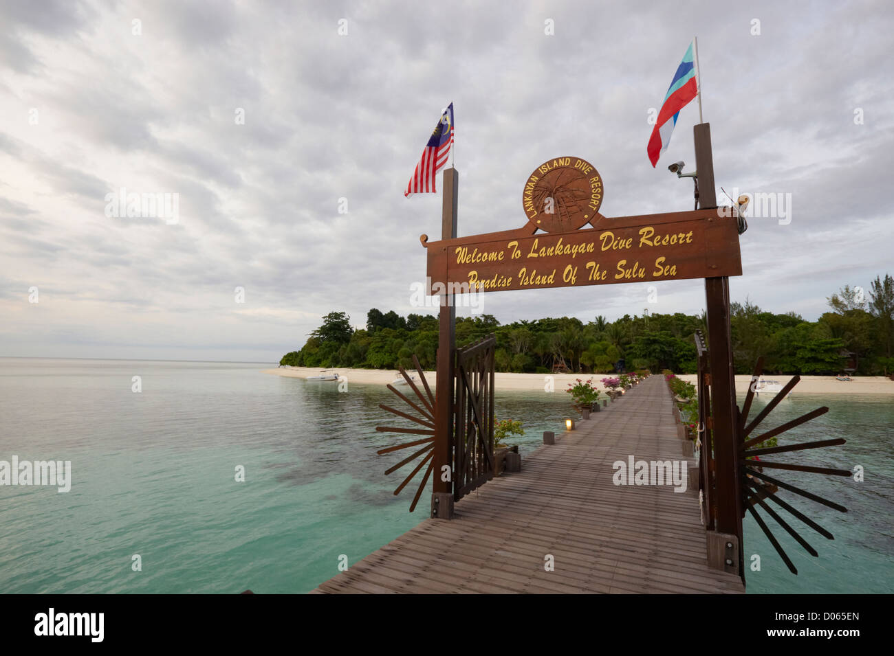 Welcome sign to the luxury resort, Lankayan Island, Borneo Stock Photo ...