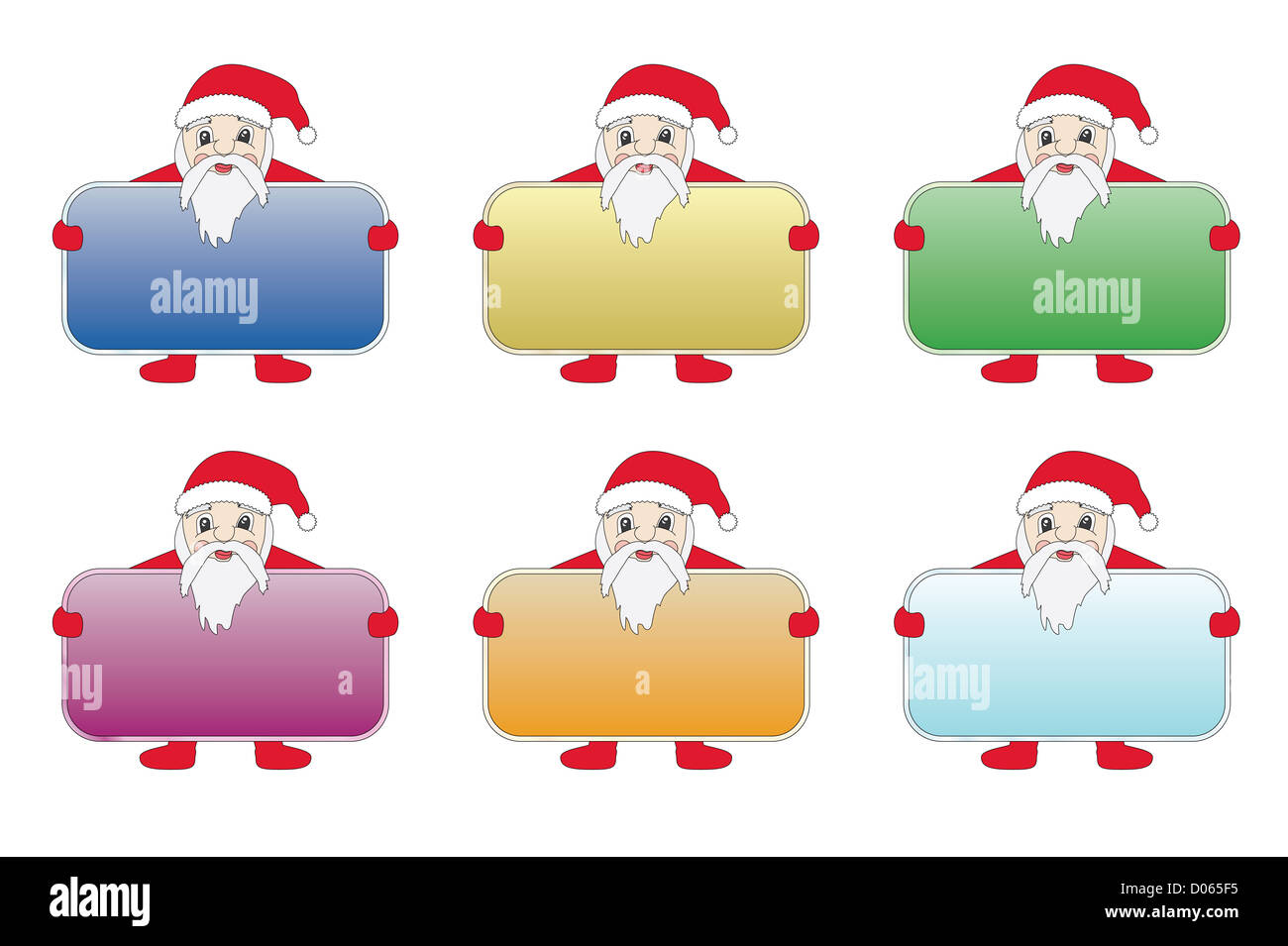 set of Santa Clauses holding congratulation card Stock Photo - Alamy