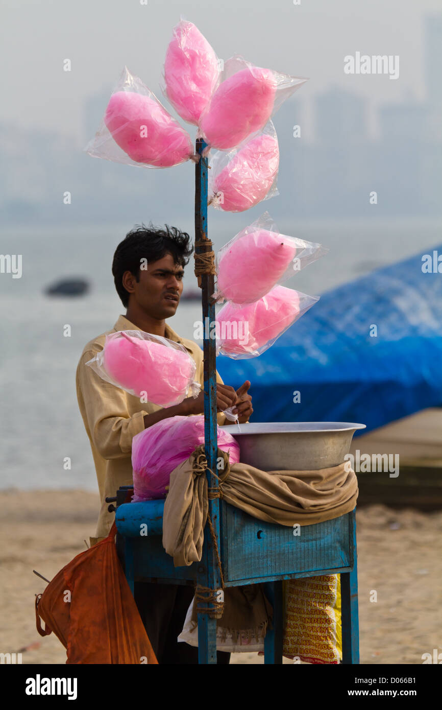 Man selling Candy Floss on Chowpatty Beach in Mumbai, India Stock Photo ...