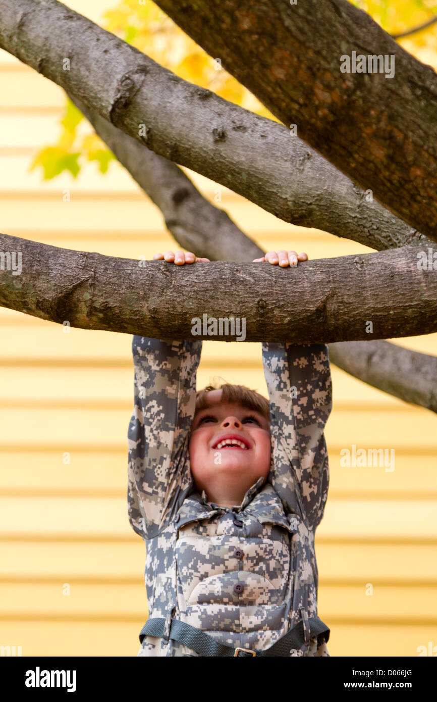 Little boy hanging from tree branch Stock Photo - Alamy
