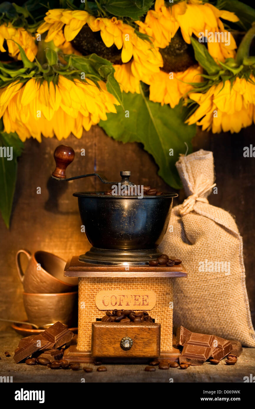 Stiill life with Antique coffee grinder and sunflowers Stock Photo - Alamy