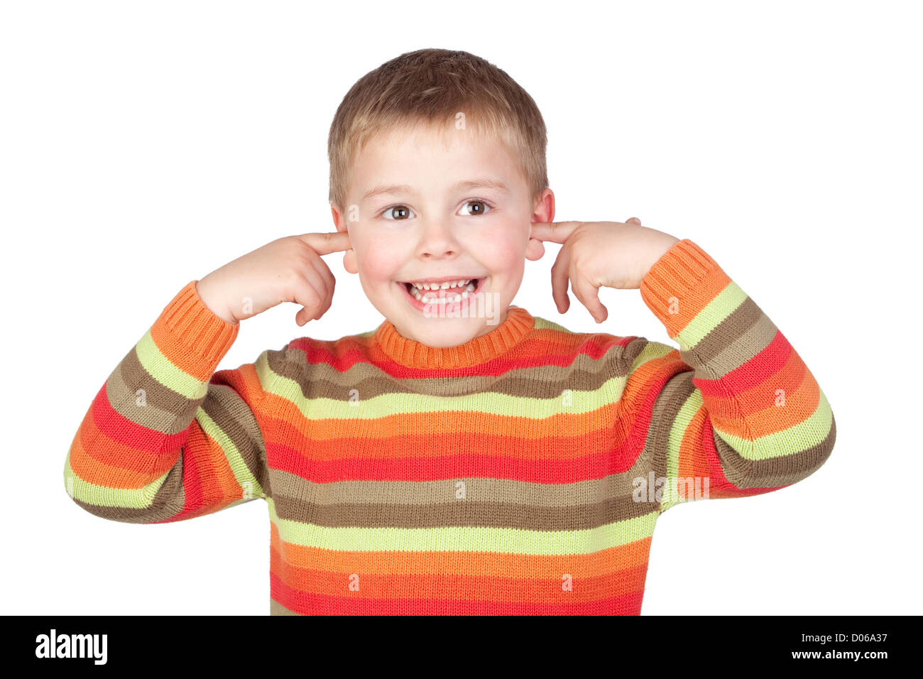 Funny child covering his ears isolated on a white background Stock ...