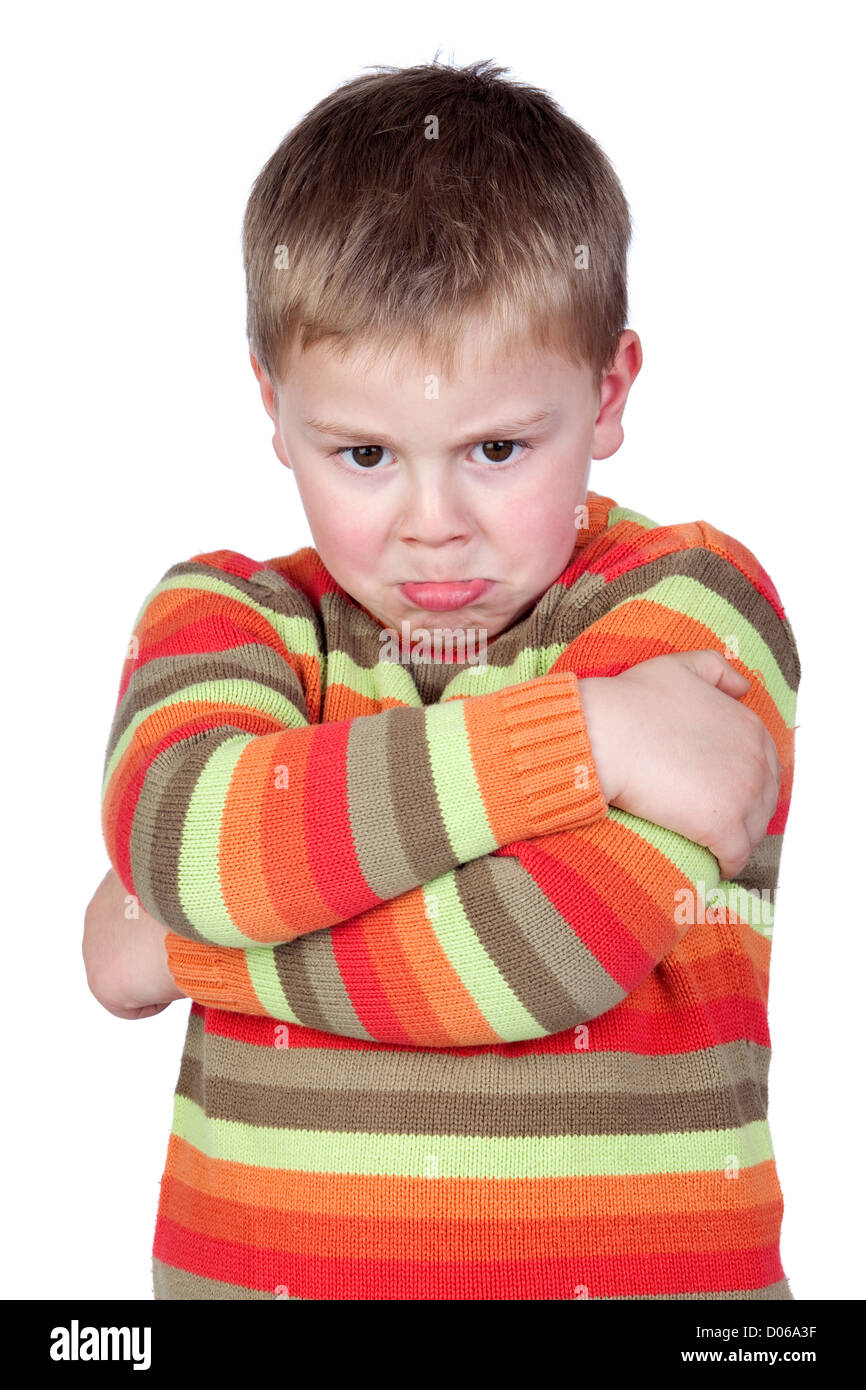 Angry child with crossed arm isolated on white background Stock Photo ...
