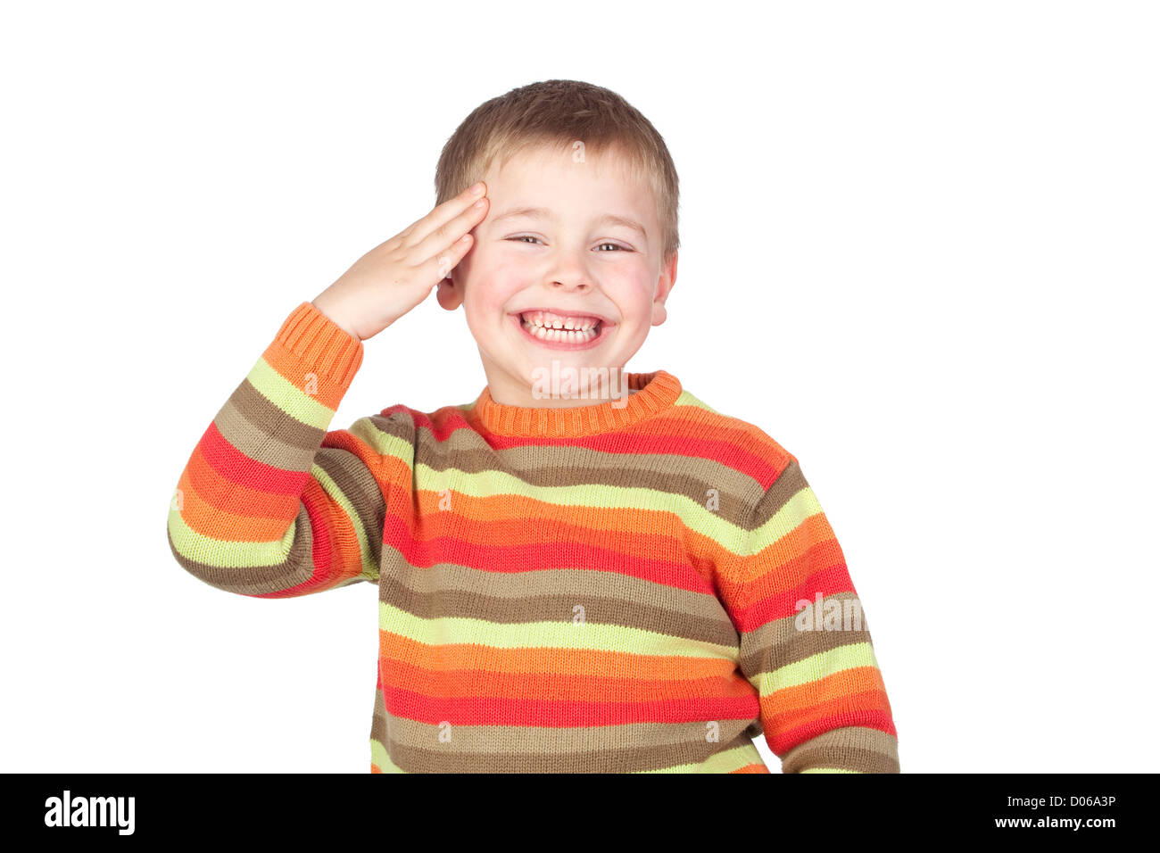 Adorable child doing a military salute isolated on white background ...