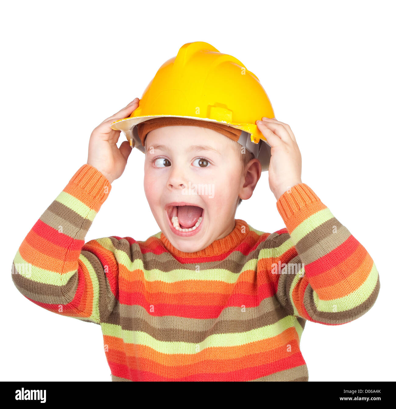 Crazy construction worker isolated on white background Stock Photo - Alamy