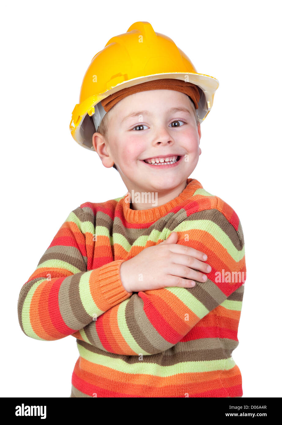 Little construction worker isolated on white background Stock Photo - Alamy