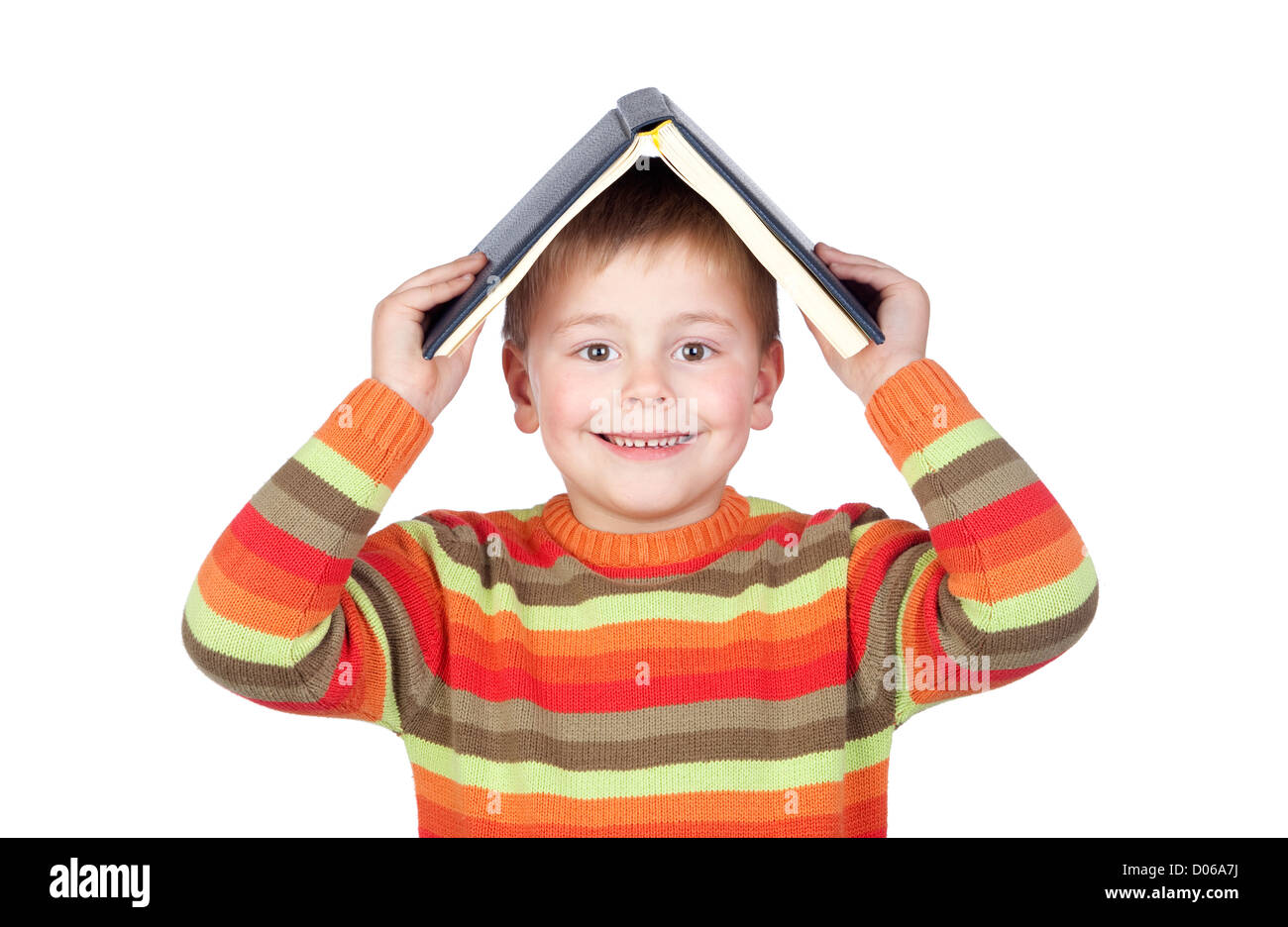 Student child with a books on the head isolated on white background ...