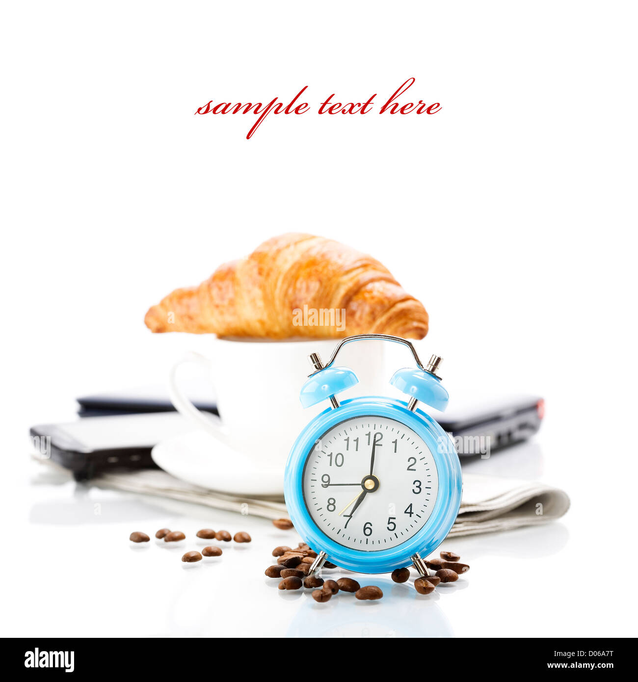 Alarm clock and breakfast on white (with sample text Stock Photo - Alamy