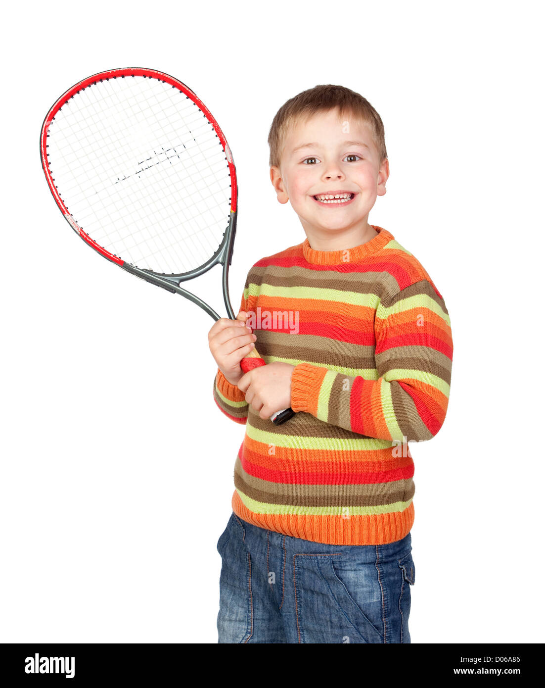 Funny child with a tennis racket isolated on white background Stock ...
