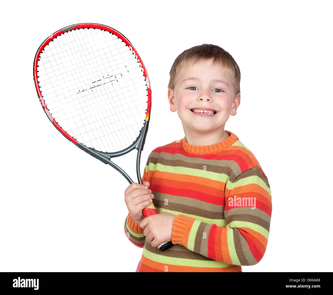 Funny child with a tennis racket isolated on white background Stock ...
