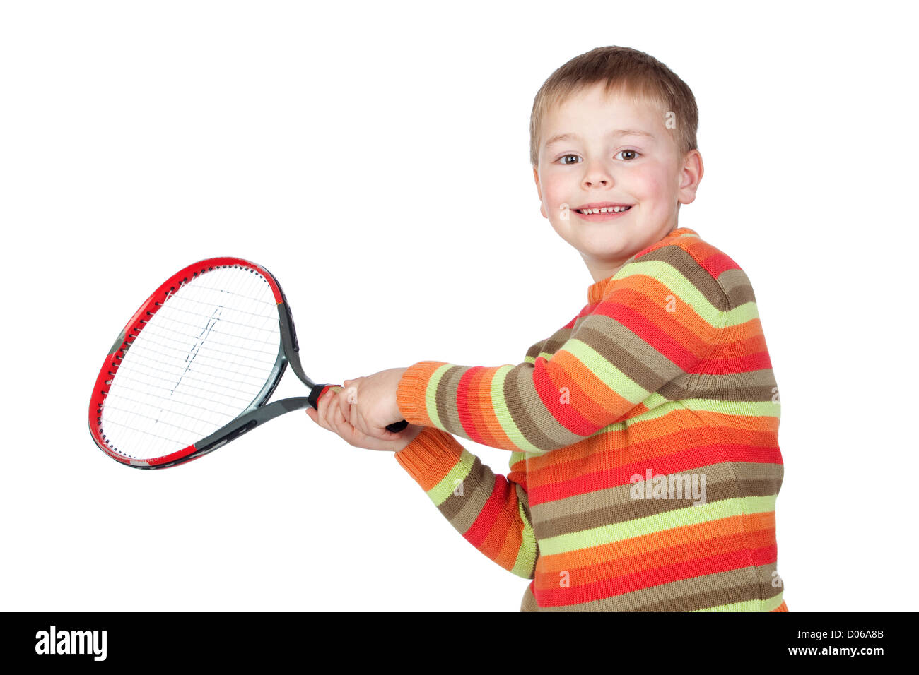Funny child with a tennis racket isolated on white background Stock ...