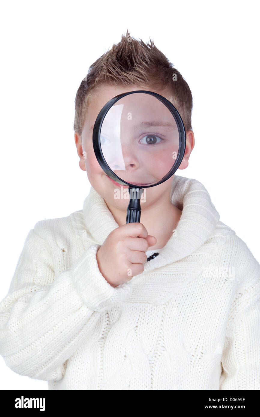 Adorable child with a magnifying glass isolated on white background ...