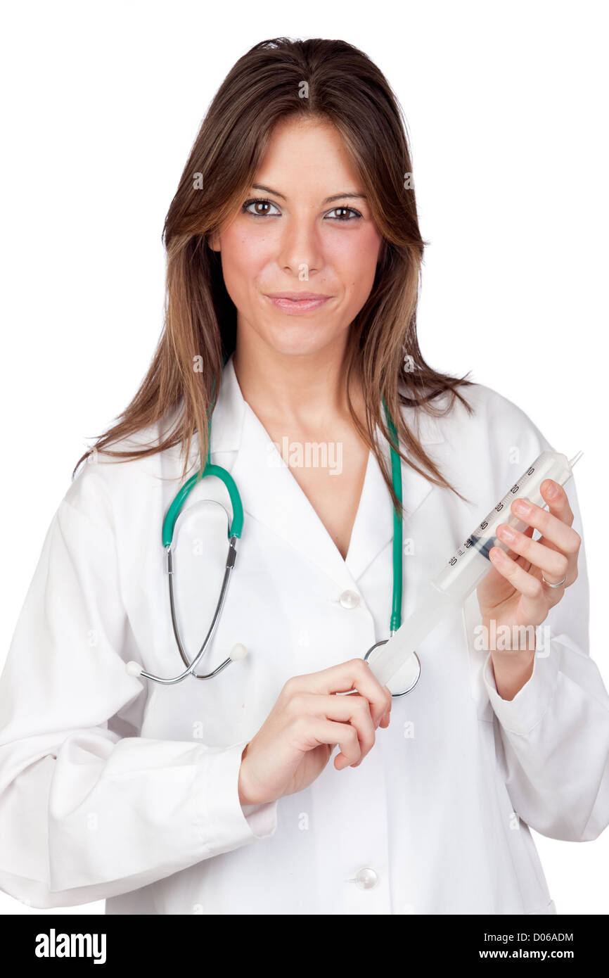 Attractive doctor with a syringe isolated on a over white background ...