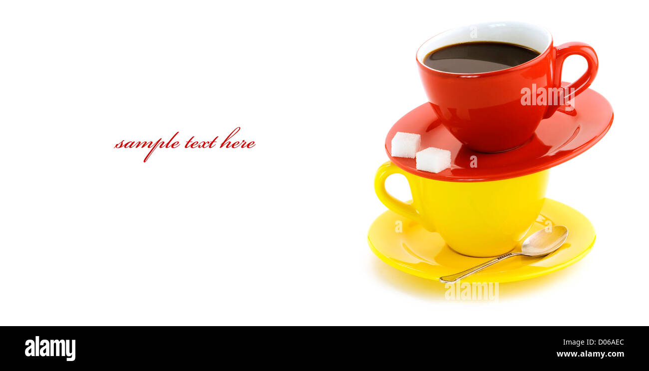 Red and yellow cups, coffee, sugar, spoon on a white background Stock ...