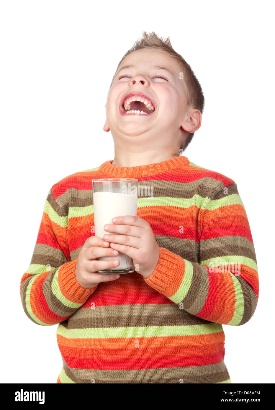 Beautiful child with glass of milk isolated on white background Stock ...