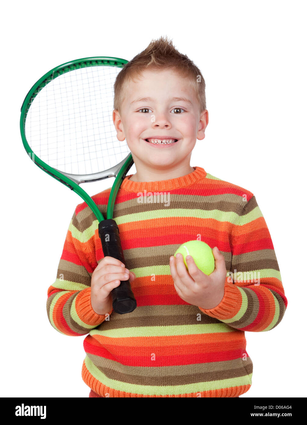Funny child with a tennis racket isolated on white background Stock ...