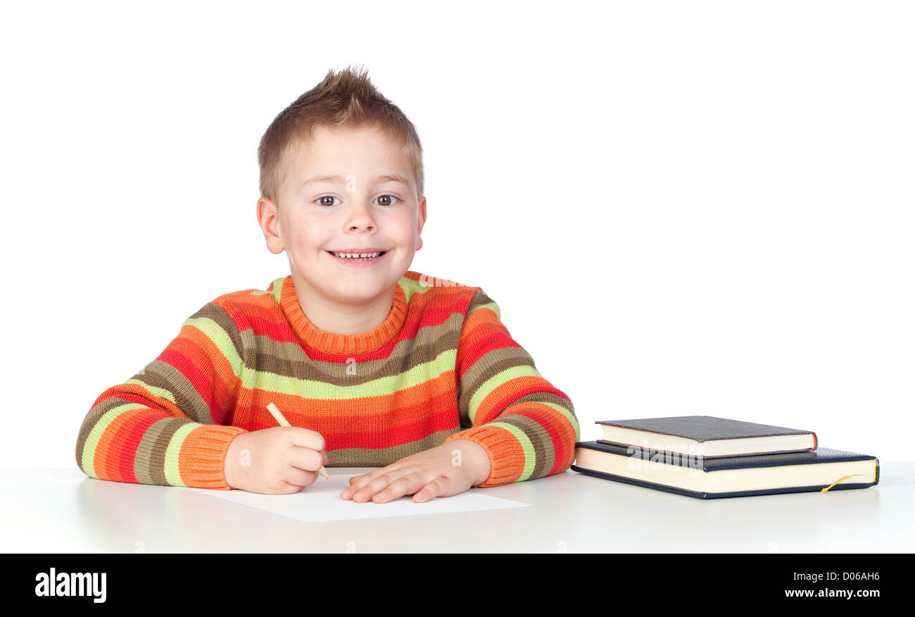 Adorable boy studying a over white background Stock Photo - Alamy