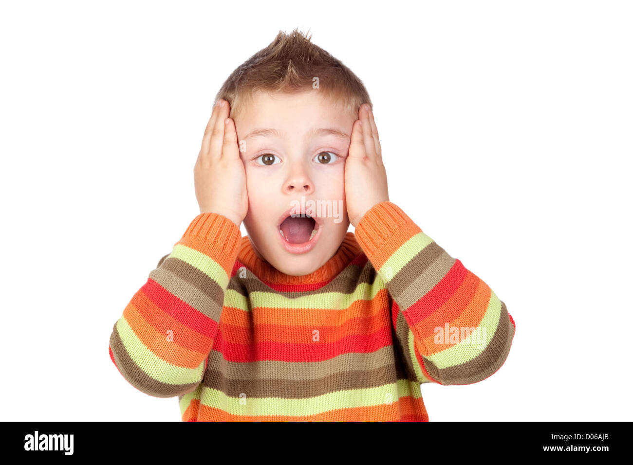 Surprised child with blond hair isolated on white background Stock ...