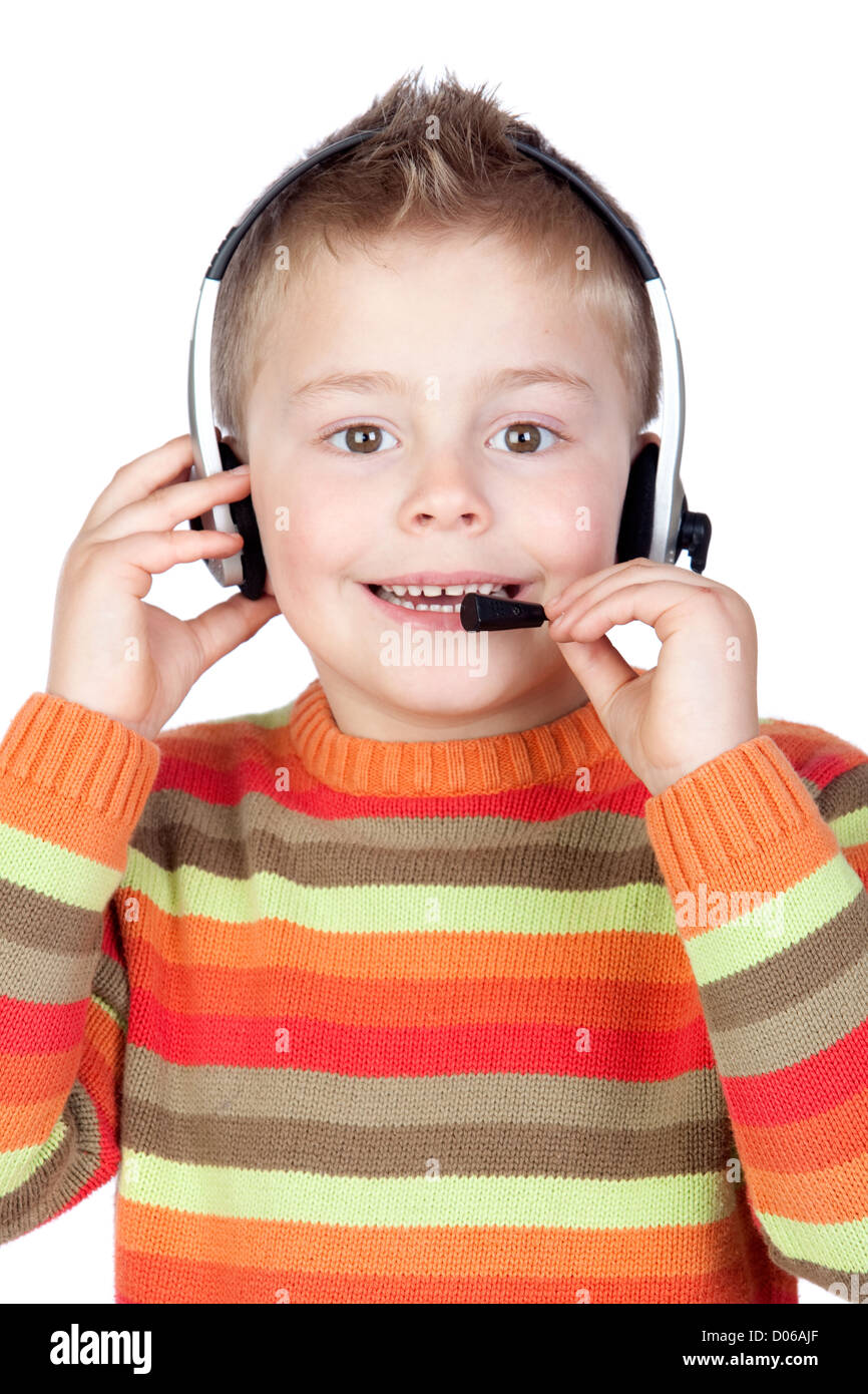 Adorable child with headphones isolated over white Stock Photo - Alamy