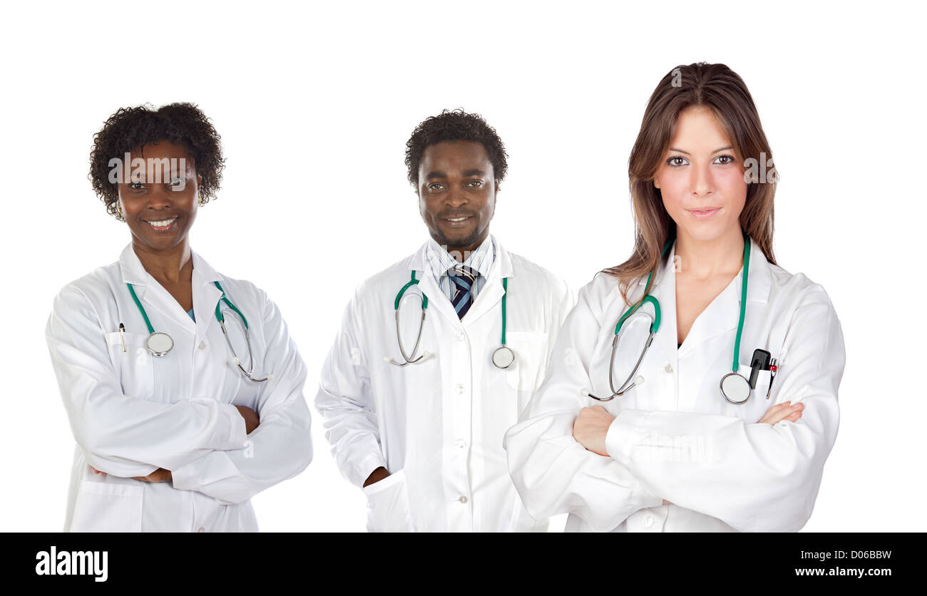 Medical team of three doctors on a over white background Stock Photo ...