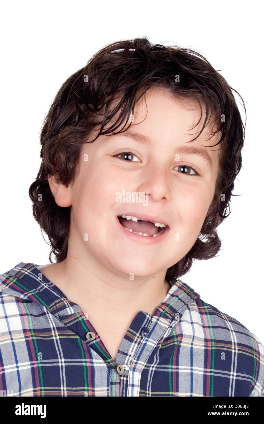 Smiling child without a toothbrush isolated on white background Stock ...