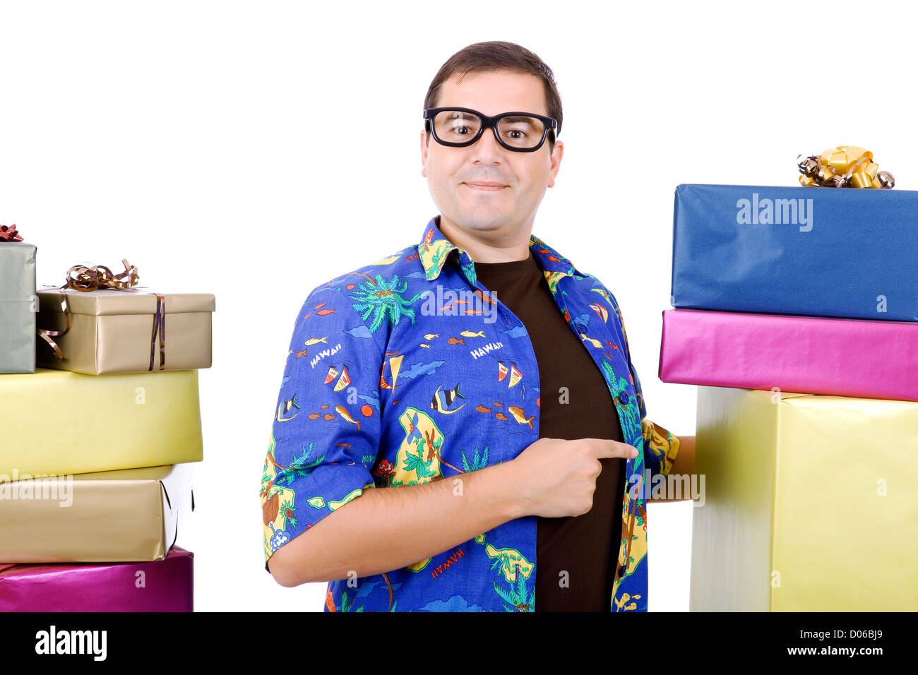 happy silly salesman with some boxes, isolated on white Stock Photo - Alamy