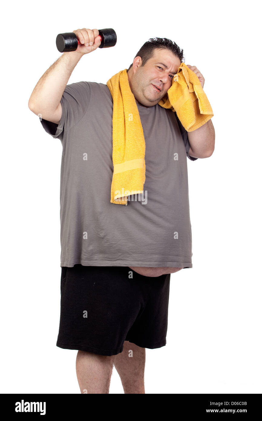 Fat man playing sport isolated on a white background Stock Photo - Alamy