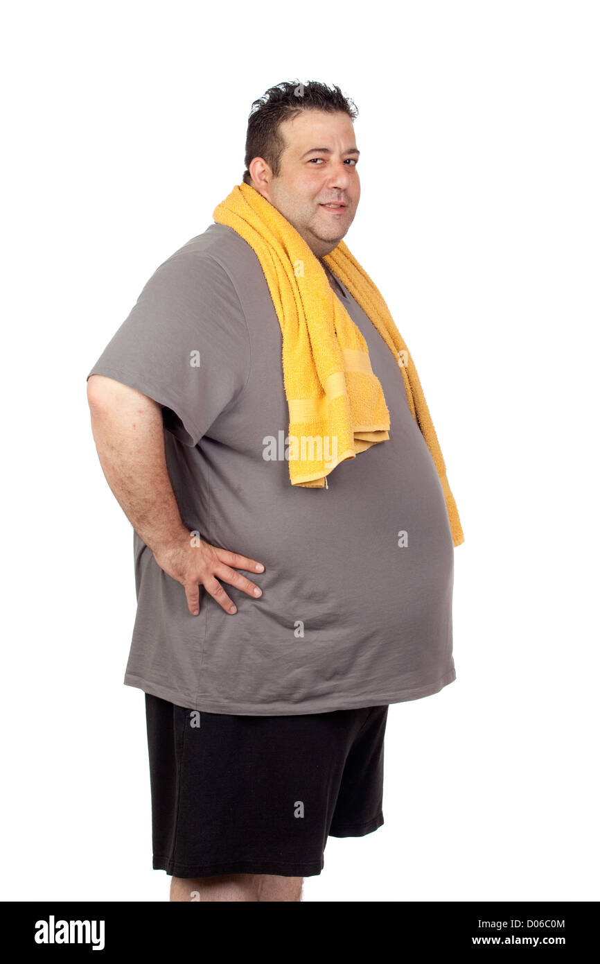 Fat man playing sport isolated on a white background Stock Photo - Alamy