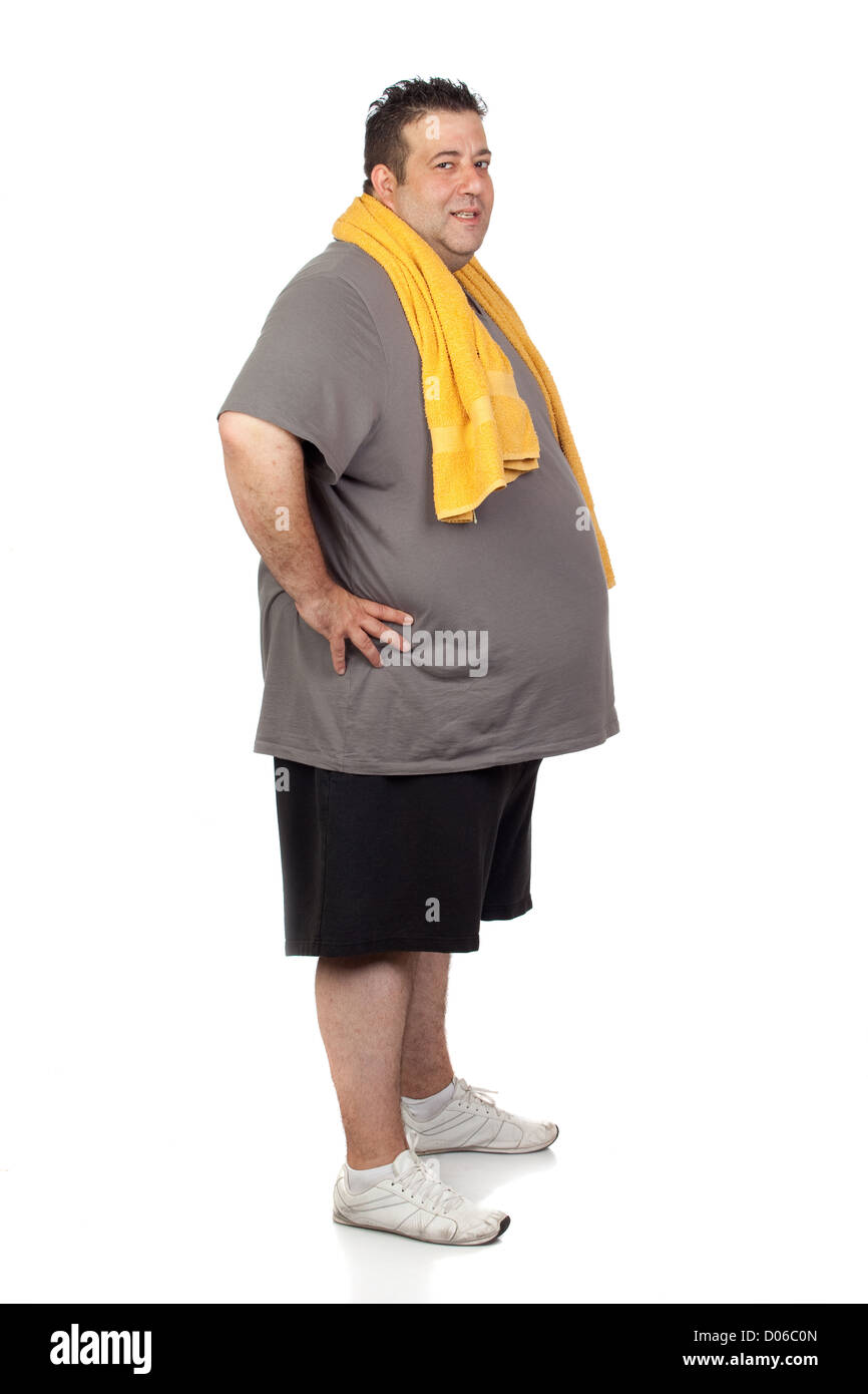 Fat man playing sport isolated on a white background Stock Photo - Alamy