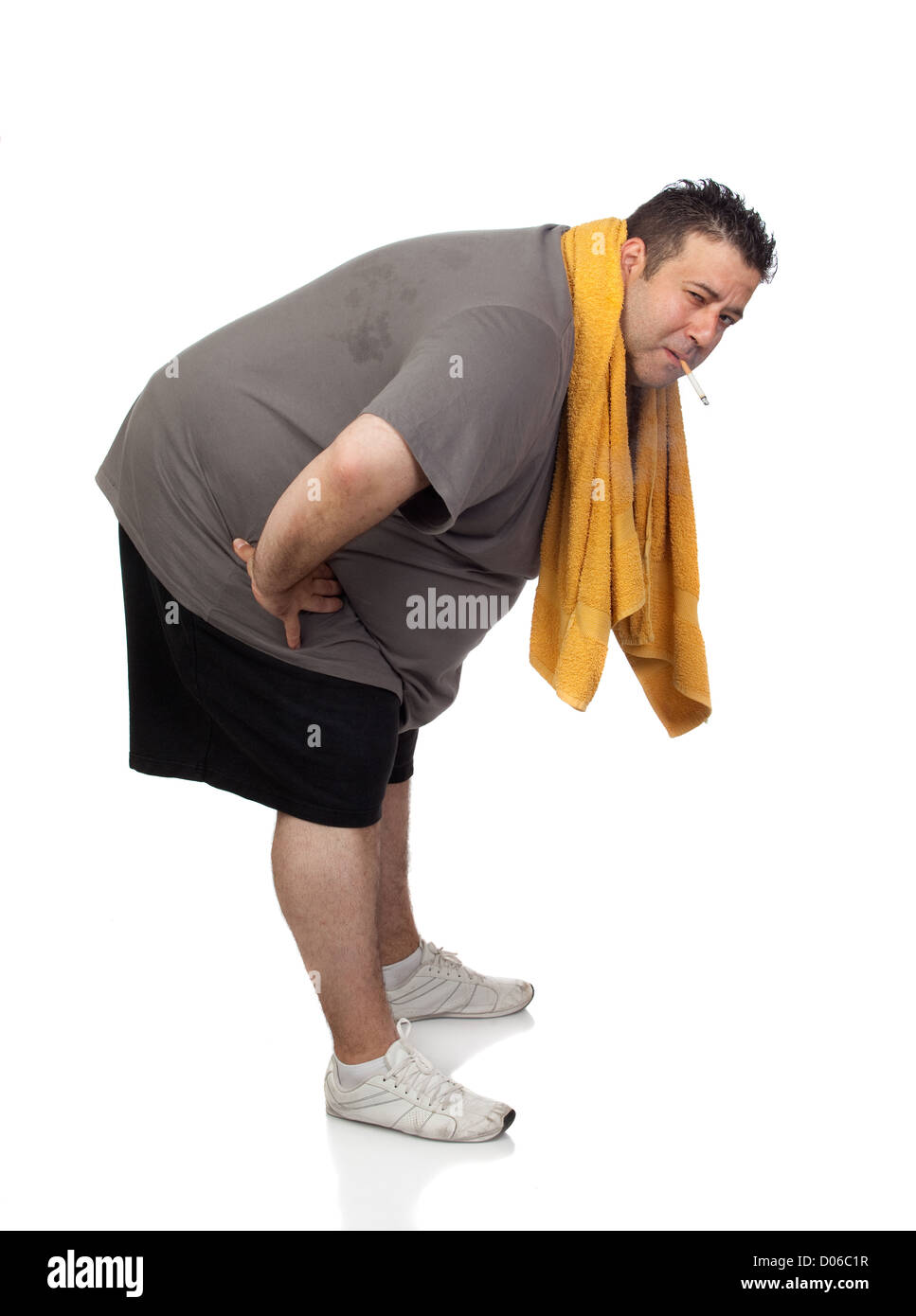 Fat man playing sport and smoking isolated on a white background Stock ...