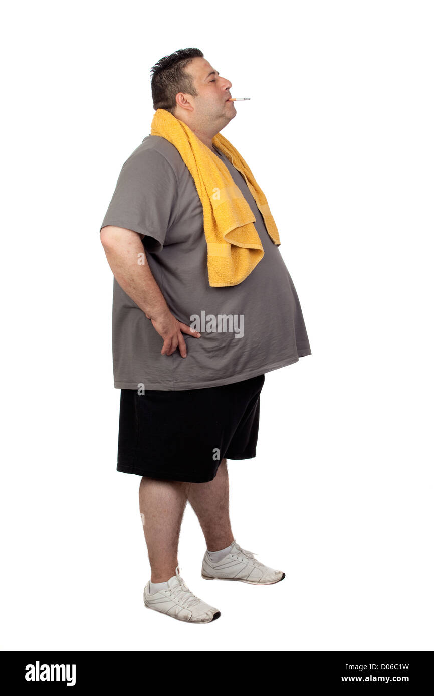 Fat man playing sport and smoking isolated on a white background Stock ...