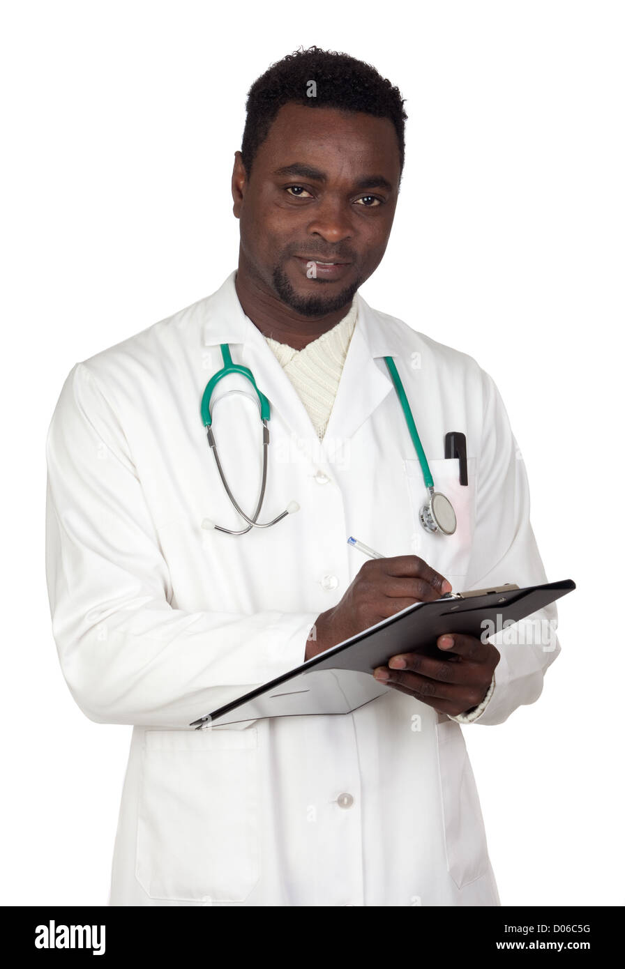 African american man doctor writing a over white background Stock Photo ...