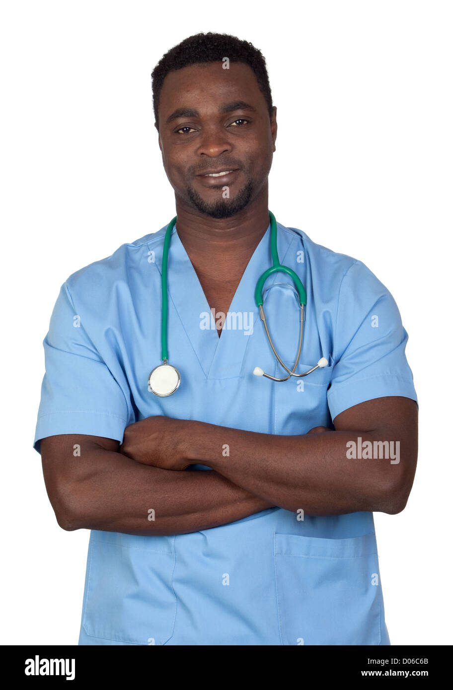 African american doctor with blue uniform isolated on a over white ...