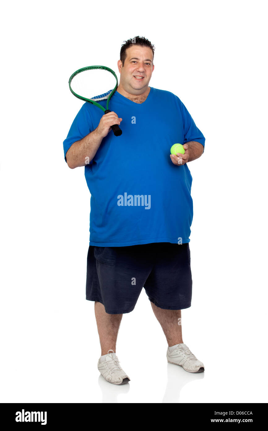 Fat man with a racket for play tennis isolated on white background ...
