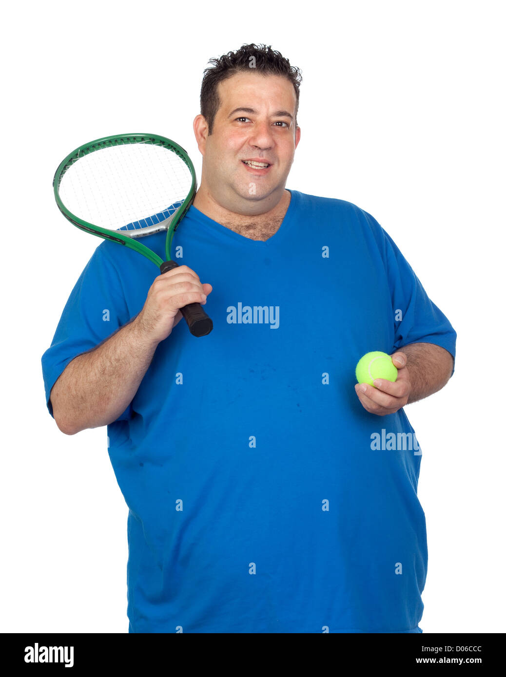 Fat man with a racket for play tennis isolated on white background ...