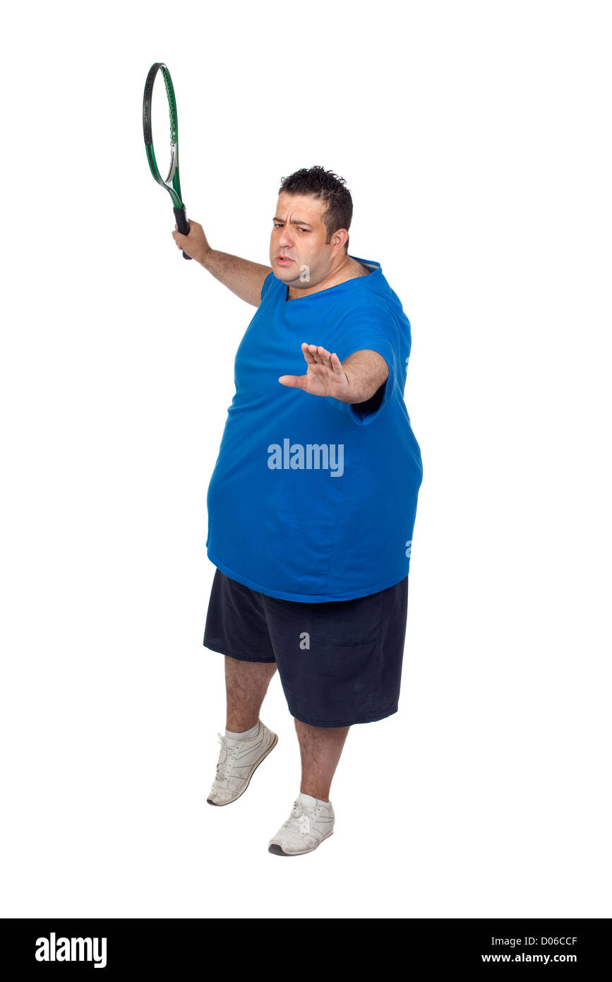 Fat man with a racket playing tennis isolated on white background Stock ...