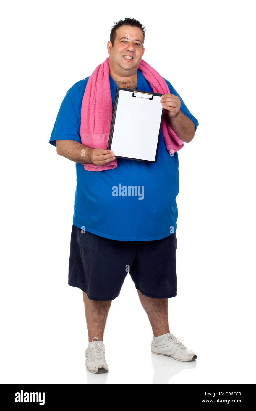 Fat man with a blank paper isolated on a white background Stock Photo ...