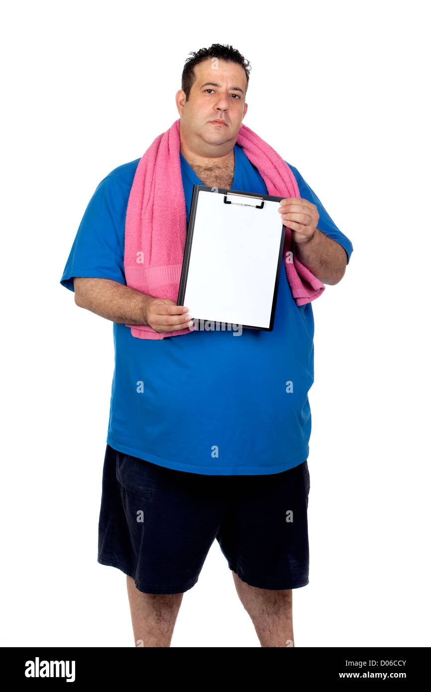 Fat man with a blank paper isolated on a white background Stock Photo ...